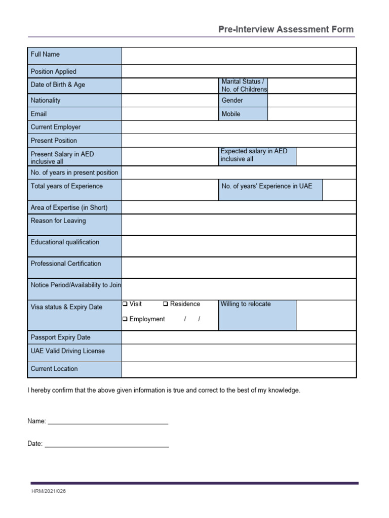 Pre-Interview Assessment Form | PDF