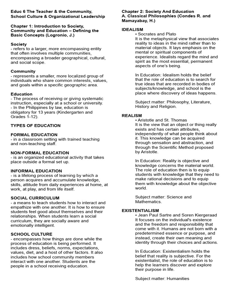 EDUC 6 Midterm Exam Reviewer All Coverages | PDF | Philosophy Of Education | Idealism