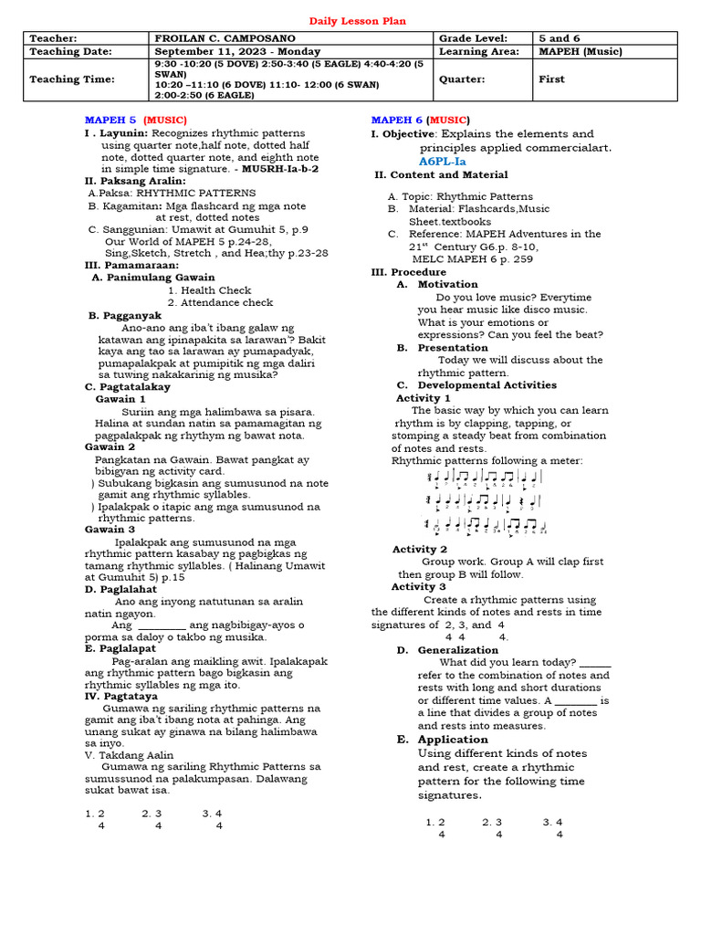 LP | PDF | Rhythm | Lesson Plan