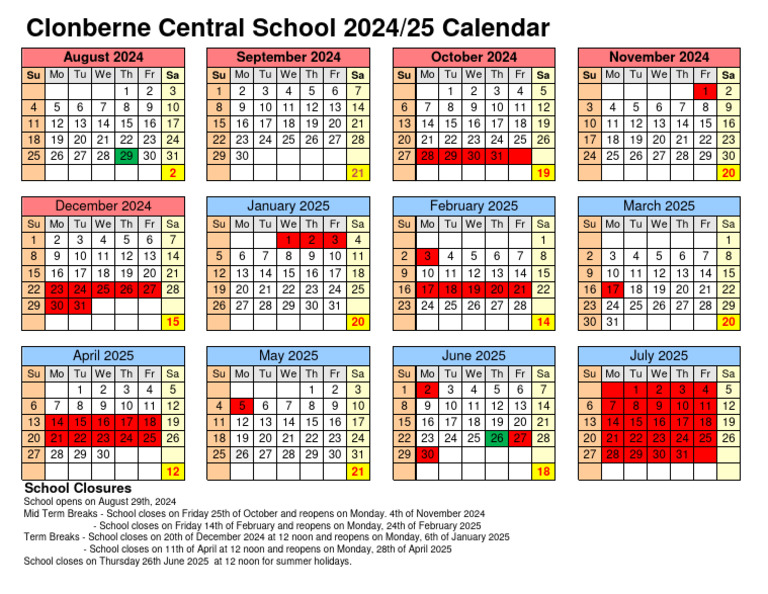 Clonberne School Calendar 2024-2025 | PDF