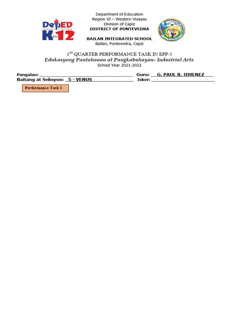 LONG SIZE EPP-5 Industrial Arts PERFORMANCE TASK SY 2021-2022 | PDF