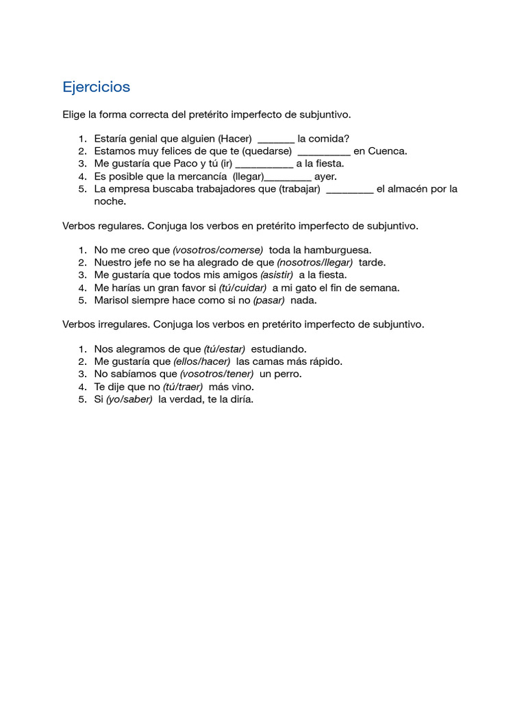 Ejercicios de Pretérito Imperfecto Subjuntivo | PDF | Artes del ...