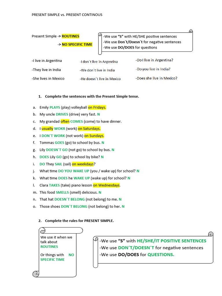 Pres SIMPLE and CONTINOUS rules and activities CORREGIDO | PDF