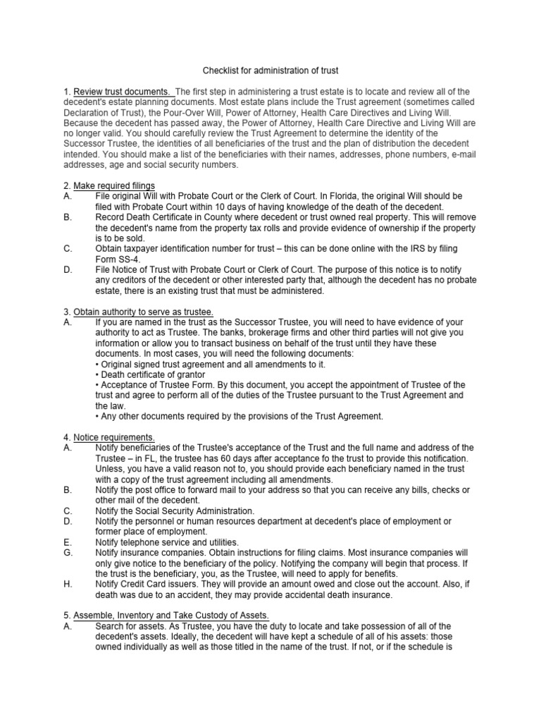 Checklist For Administration of Trust | PDF | Probate | Trustee