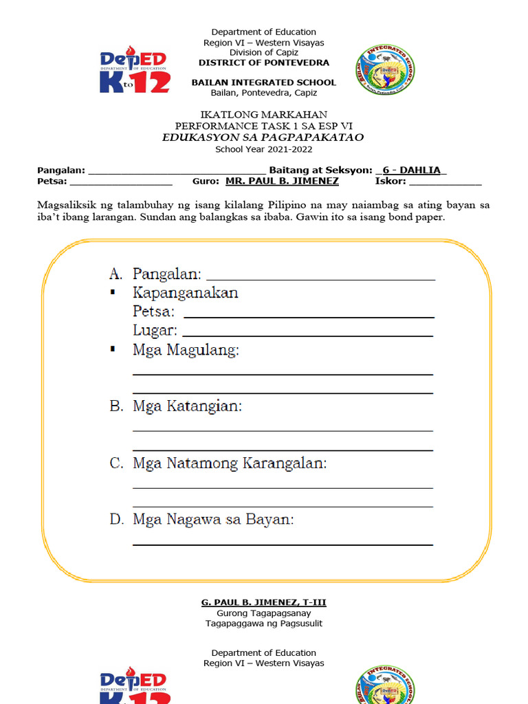 Long Size g6 - PT Performance Task - q3 - Esp Sy 2021-2022 | PDF