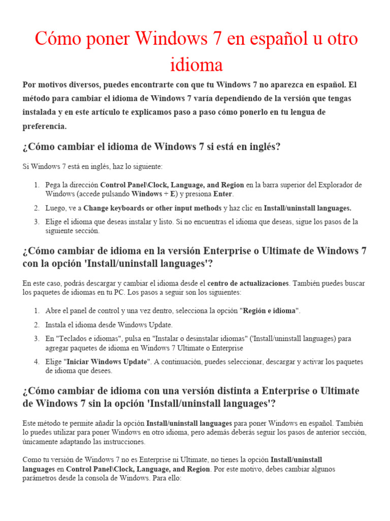 Cambiar Windows 7 a Español: Guía Rápida | PDF | Windows 7 | Archivo de ...