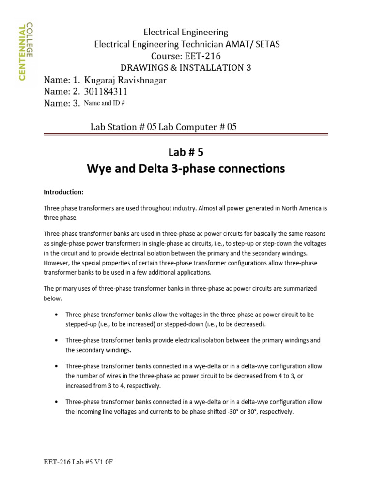 EET-216 LAB #5 V1.0FL - Transformer Wye and Delta 3-Phase Connection | Download Free PDF ...