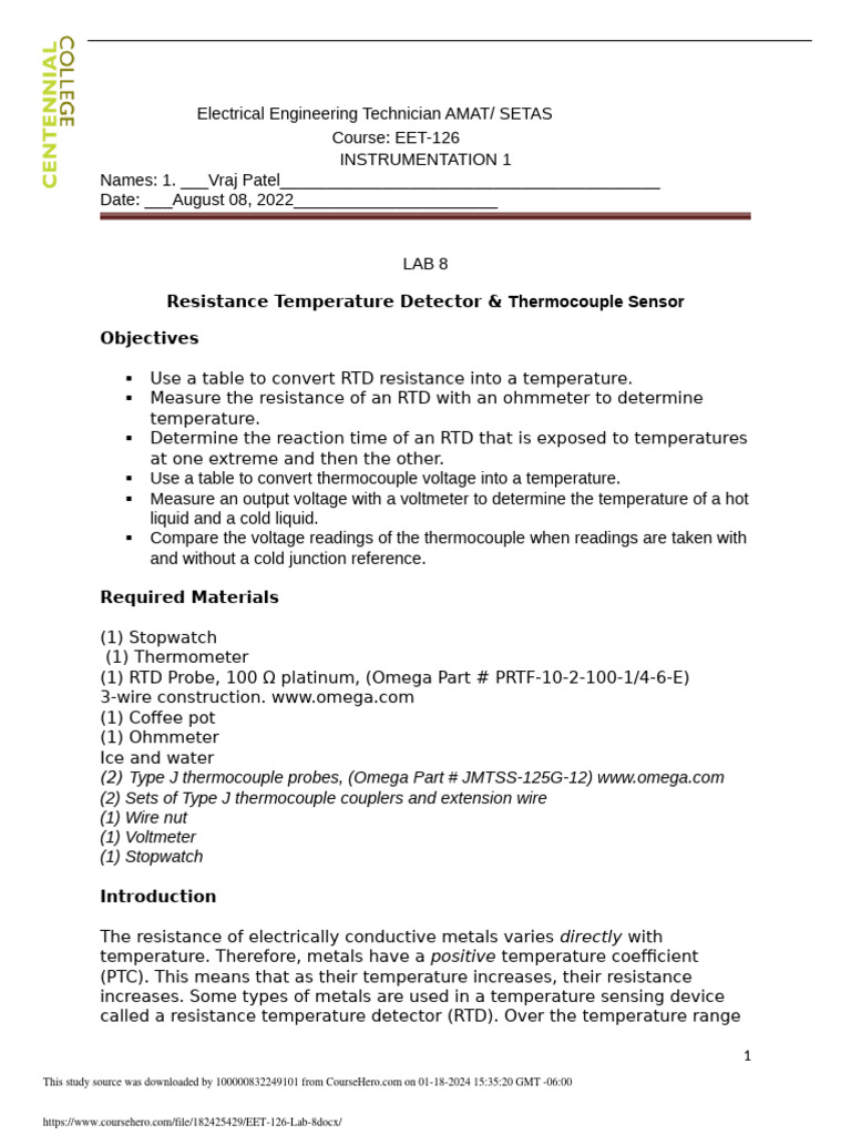 EET 126 Lab 8 | PDF | Thermocouple | Electrical Resistance And Conductance