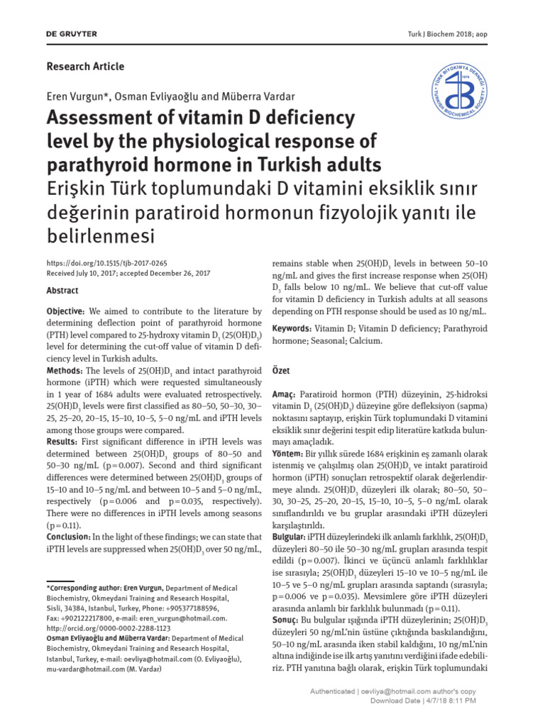 Assessment of Vitamin D Deficiency Level by The Physiological Response ...
