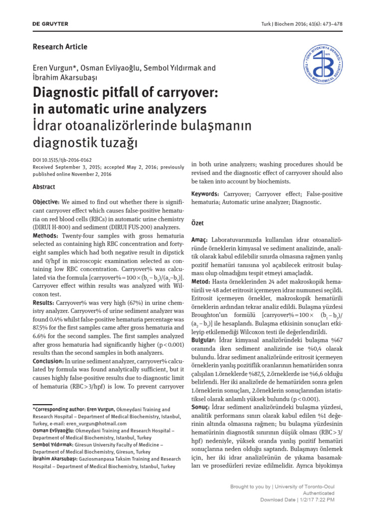 Diagnostic Pitfall of Carryover in Automatic Urine Analyzers | PDF ...