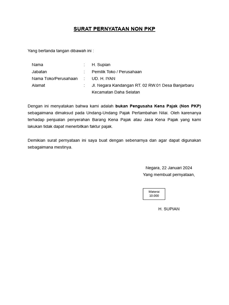 Surat Pernyataan Non PKP UD. H. IYAN | PDF | Pengelolaan Keuangan & Uang