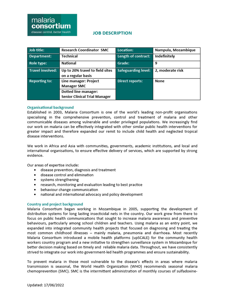 JD Research Coordinator SMC | PDF | Malaria