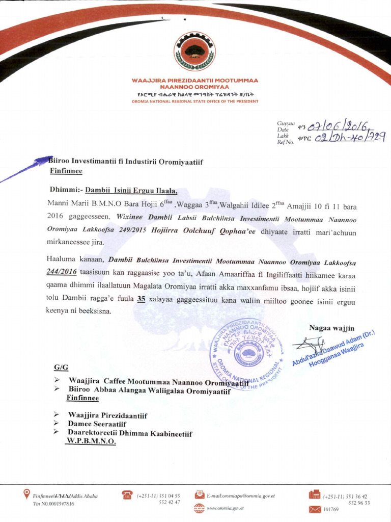 Dambii Bulchiinsa Invastimantii Naannoo Oromiyaa Lakk 244 | PDF