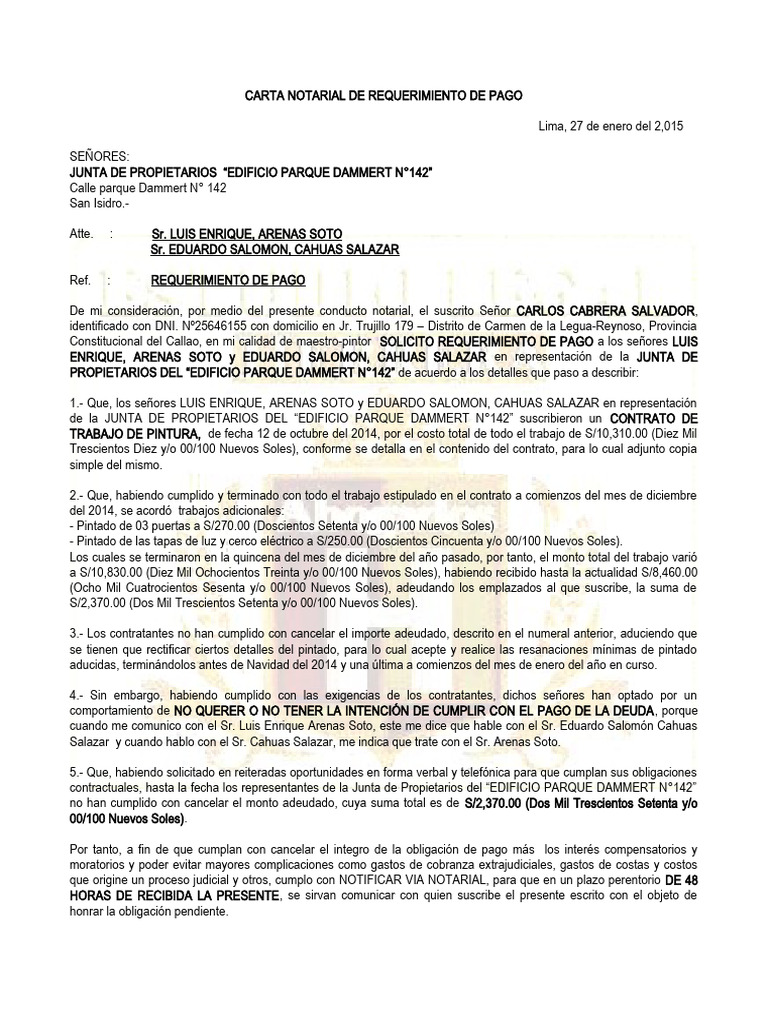 Carta Notarial-Requerimiento Pago | PDF