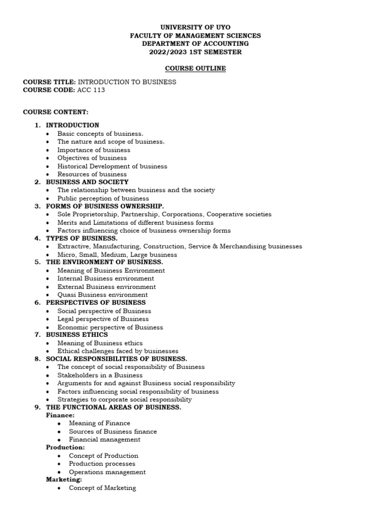 Acc 113 - Intro To Business - Course Outline - 115620 | PDF | Business ...