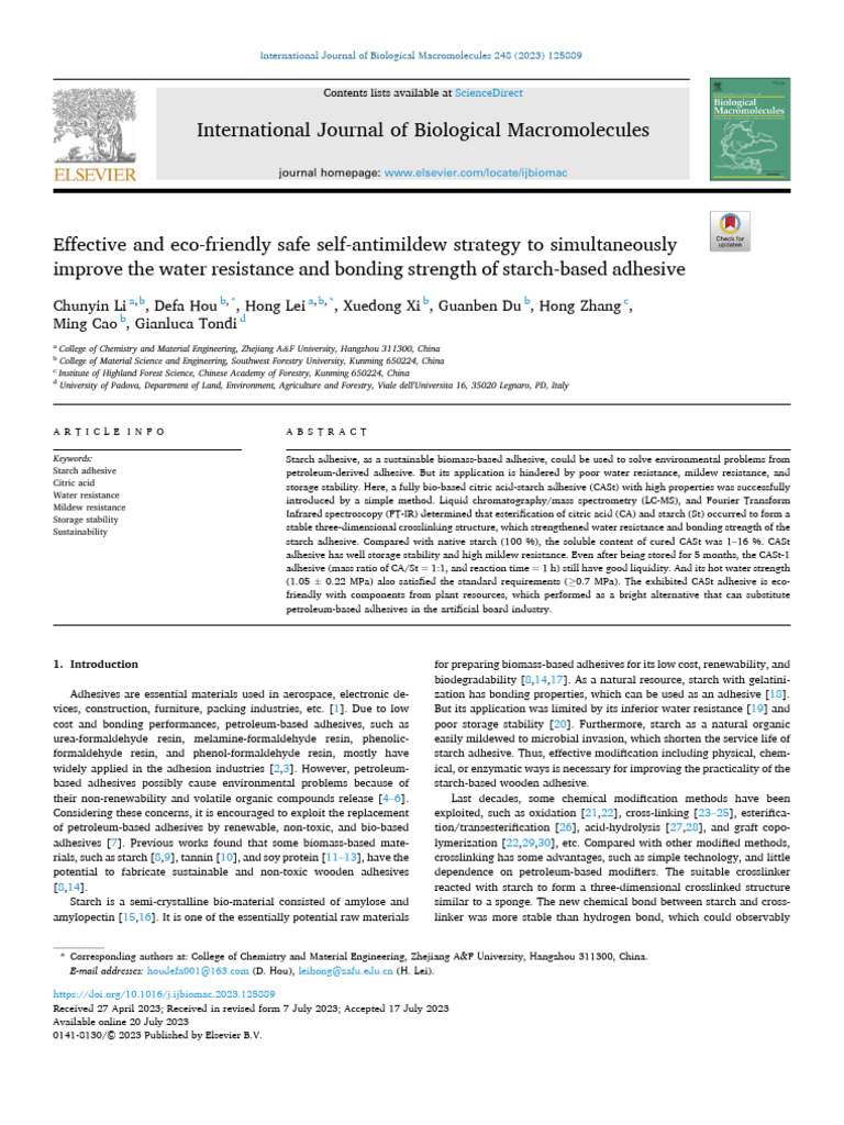 Eco-Friendly Citric Acid-Starch Adhesive | PDF | Adhesive | Starch