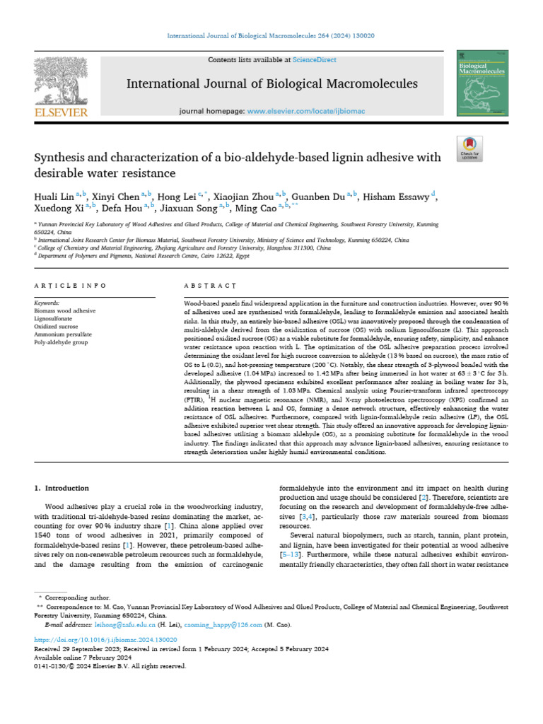 Synthesis and Characterization of A Bio-Aldehyde-based Lignin Adhesive ...