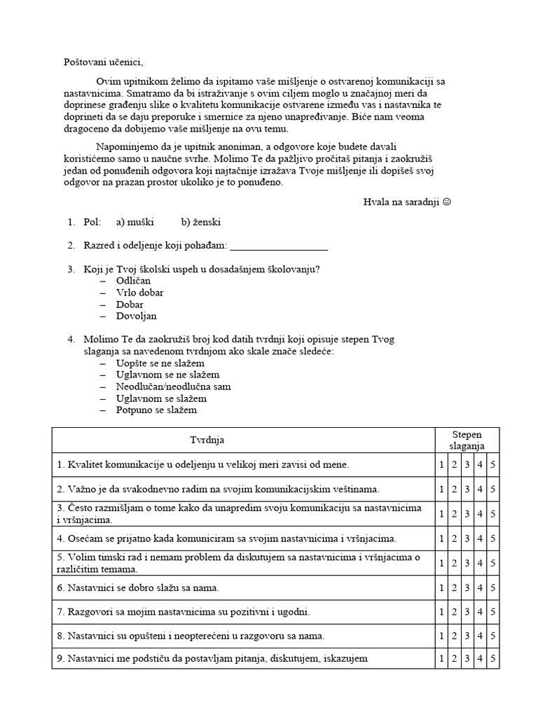 Upitnik Komunikacija Sa Ucenicima Za Ucenike | PDF