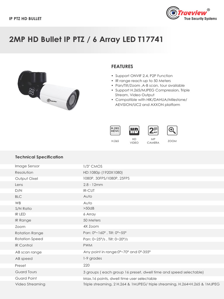 T17741 2MP HD Bullet IP PTZ 6 Array LED | Download Free PDF | Streaming ... T17741 2MP HD Bullet IP PTZ 6 Array LED | Download Free PDF | Streaming ...