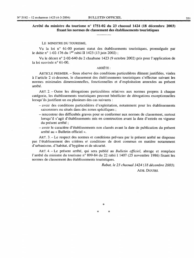 Arrêté N° 1751-02 Du 18 Décembre 2003 Sur Les Normes de Classement Des Établissements ...