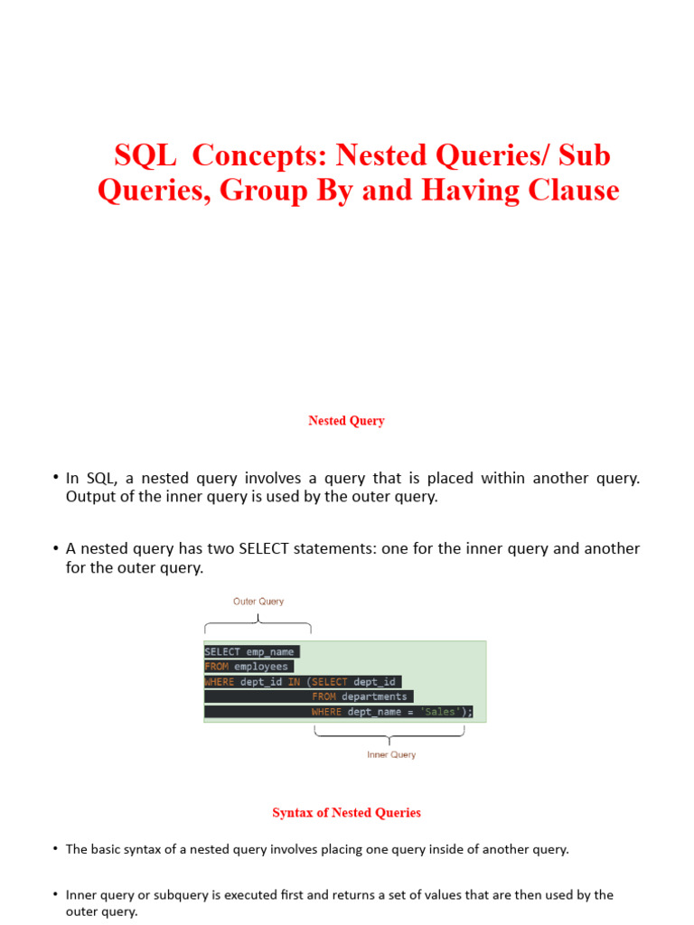 Lecture 11 SQL Continued Nested Queries | PDF | Data Management | Databases Lecture 11 SQL Continued Nested Queries | PDF | Data Management | Databases