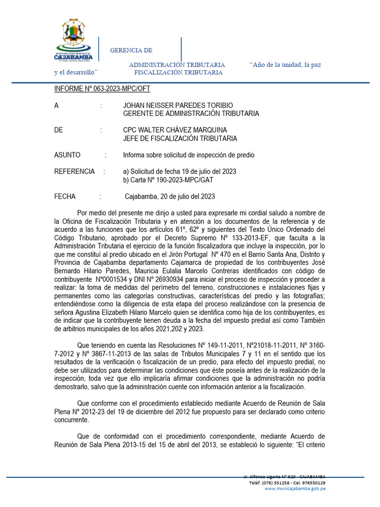 Informe #063-2023-MPC OFT Informa Sobre Solicitud de Inspeccion de Predio de José Bernardo ...