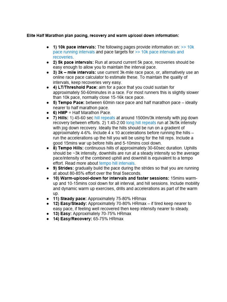 Elite Half Marathon Plan Pacing, Recovery and Warm Up-Cool Down Information | PDF | Running ...