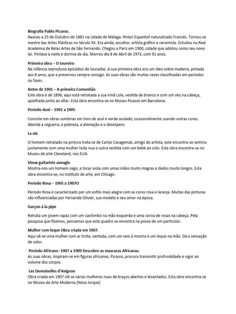 Biografia Pablo Picasso Pdf Pablo Picasso As Artes