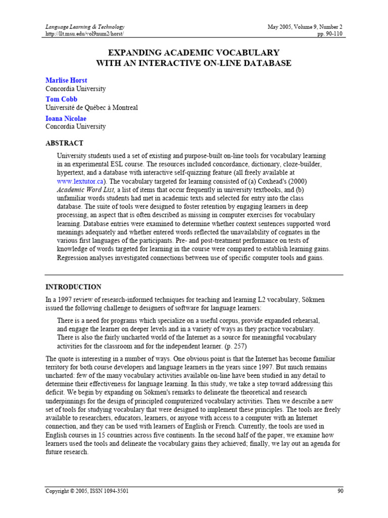 HORST - Lextutor - Academic Vocabulary | PDF | Vocabulary | Semantics