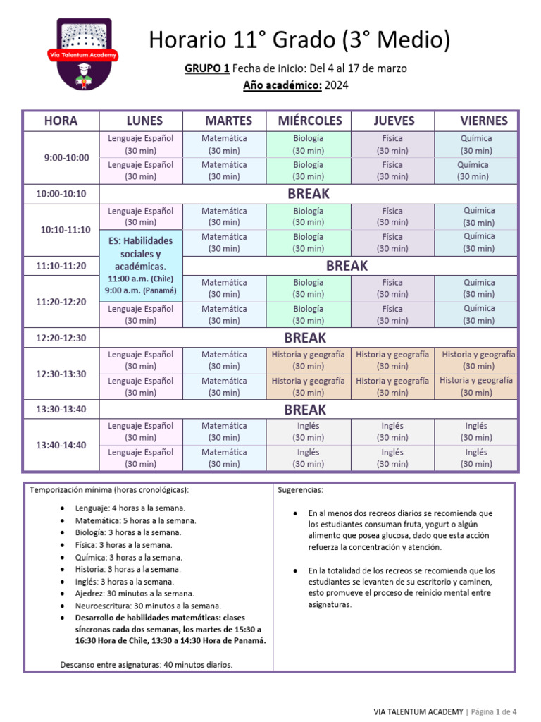 Horario 3ro Medio Grupo 1 2024 | PDF