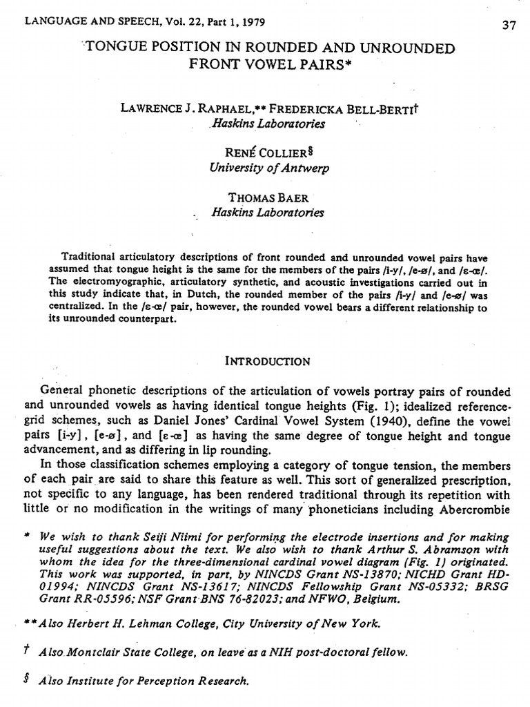 Tongue Position in Rounded and Unrounded Front Vowel Pairs | PDF