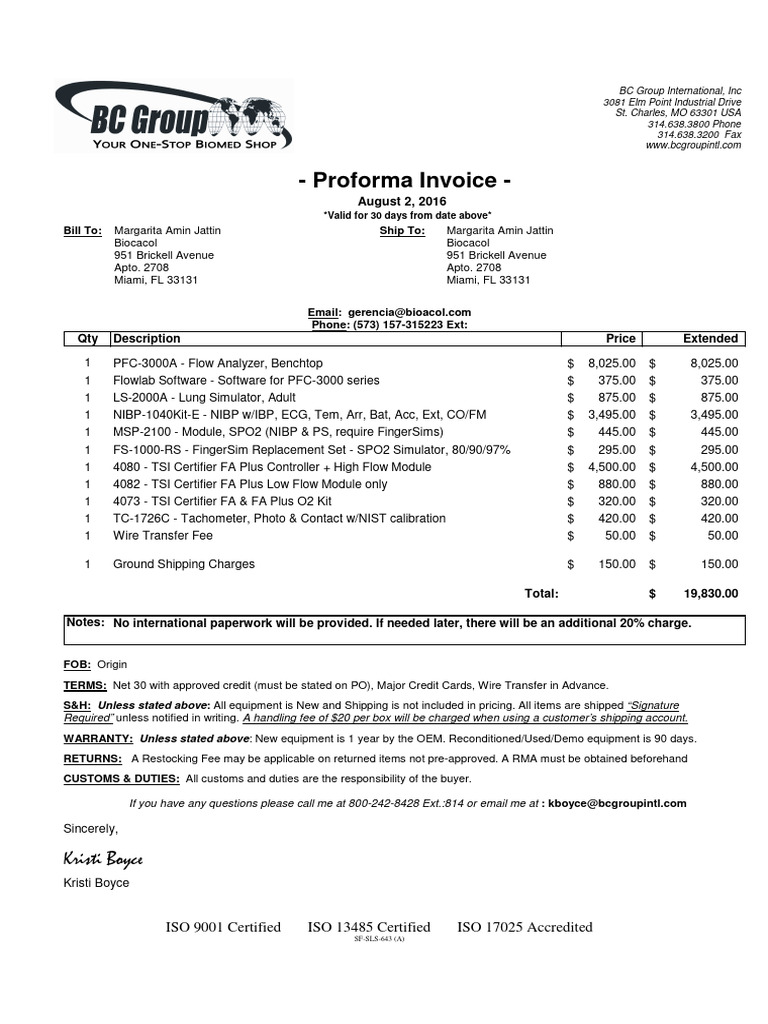 Proforma Invoice Biocacol Misc. Items 8-2-16 | PDF