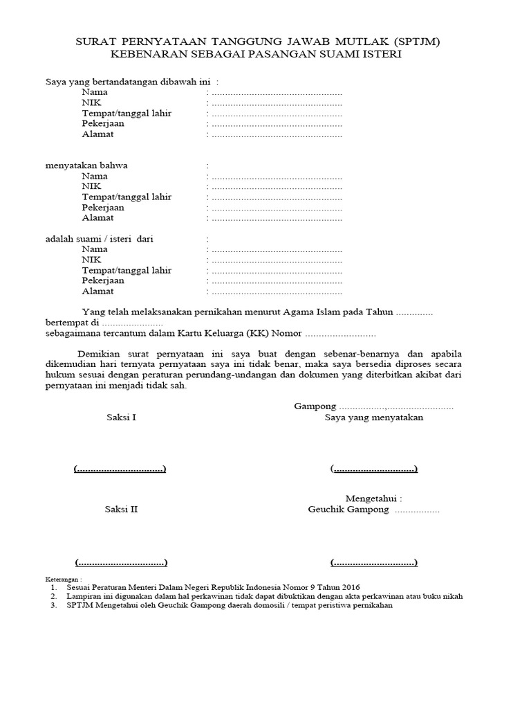 (SPTJM) Surat Pernyataan Tanggung Jawab Mutlak Kebenaran Pasangan Suami ...