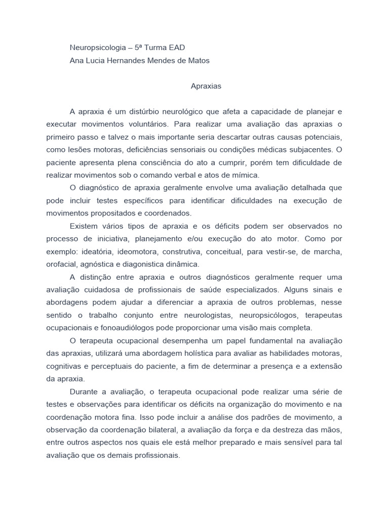 Apraxia Motora | PDF | Neuropsicologia | Medicina Clínica