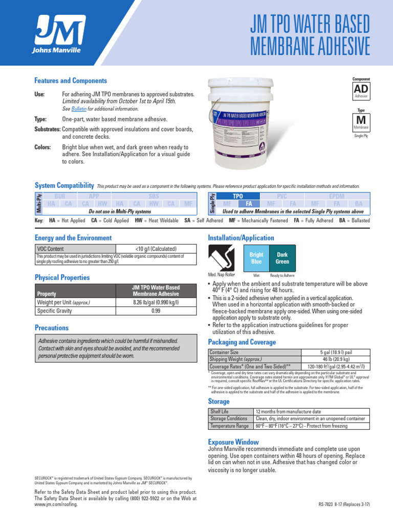 JM TPO Water Based Membrane Adhesive Product Data 1611190 | PDF ...