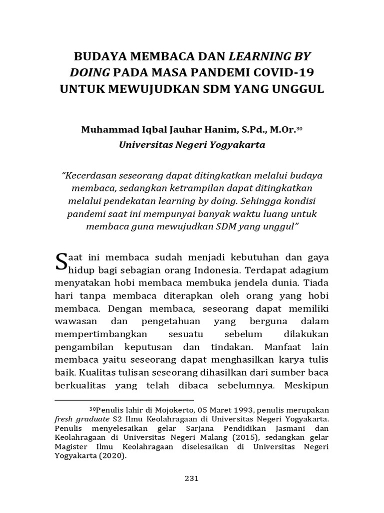 Budaya Membaca Dan Learning by Doing Pada Masa Pandemi Covid-19 Untuk Mewujudkan SDM Yang Unggul ...
