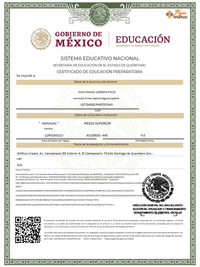 Certificado de Preparatoria 2023 | PDF