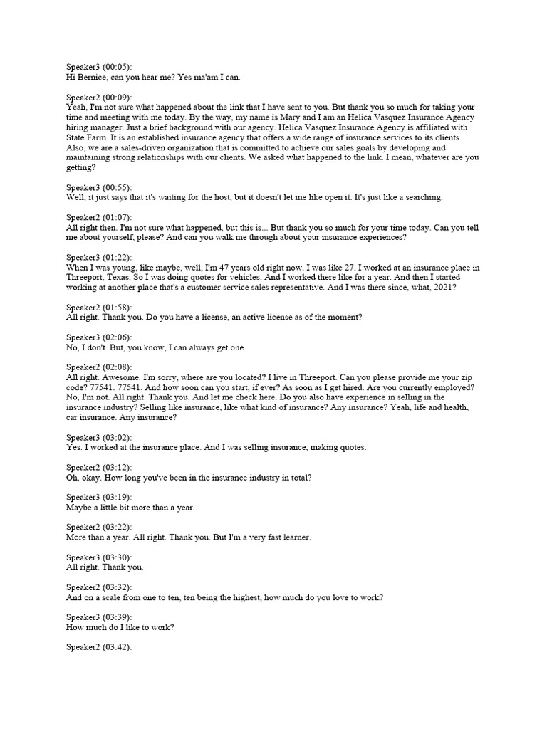 Insurance Job Interview Transcript | PDF