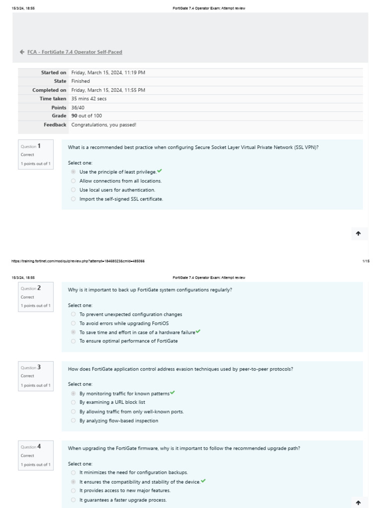 FortiGate 7.4 Operator Exam - Attempt Review | PDF | Transport Layer Security | Firewall (Computing)