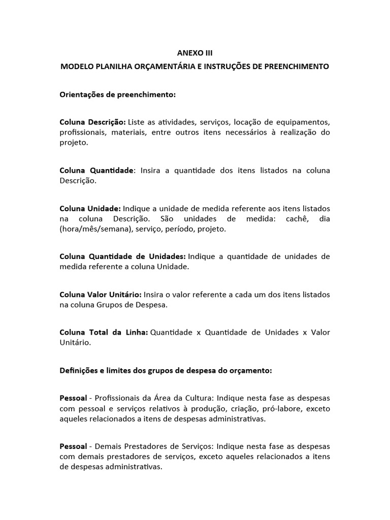Anexo III-Modelo Planilha Orcamentaria e Instrucoes de Preenchimento ...