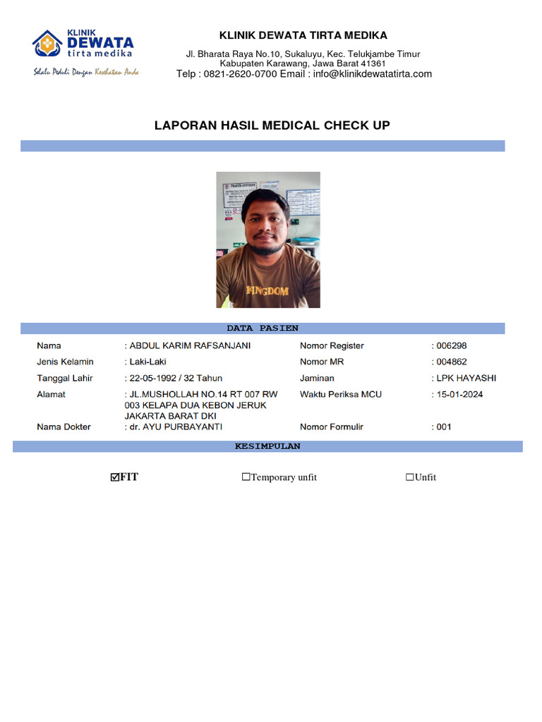 Laporan Medical Check Up Abdul Karim | PDF