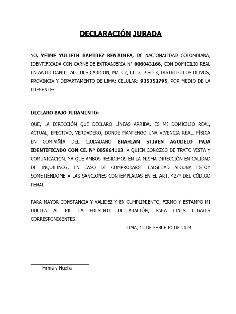 DECLARACIÓN JURADA Domiciliaria | PDF | Derecho