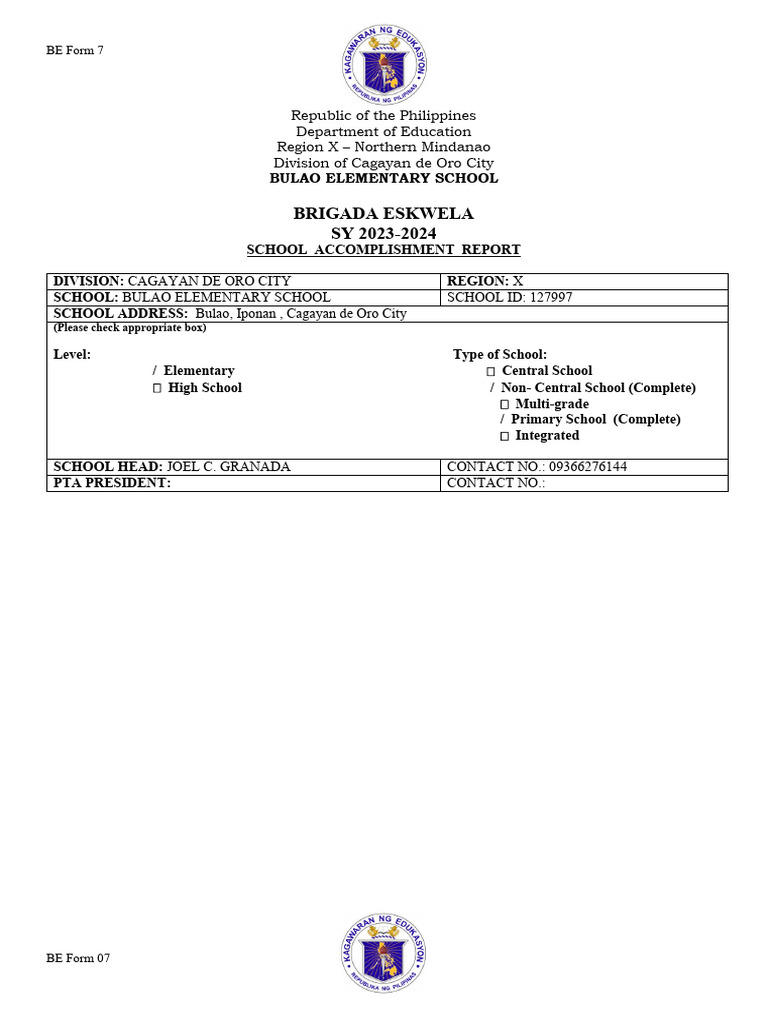 BE-Form-7-SCHOOL-ACCOMPLISHMENT-REPORT | PDF