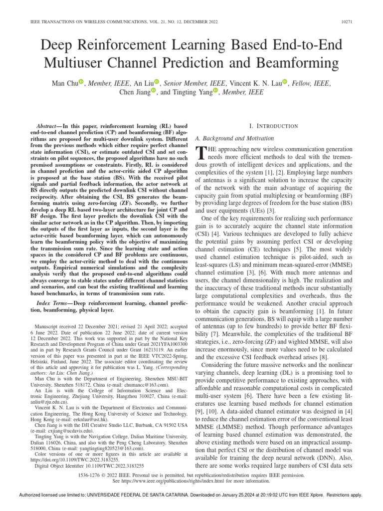 Deep Reinforcement Learning Based End-to-End Multiuser Channel Prediction and Beamforming | PDF ...