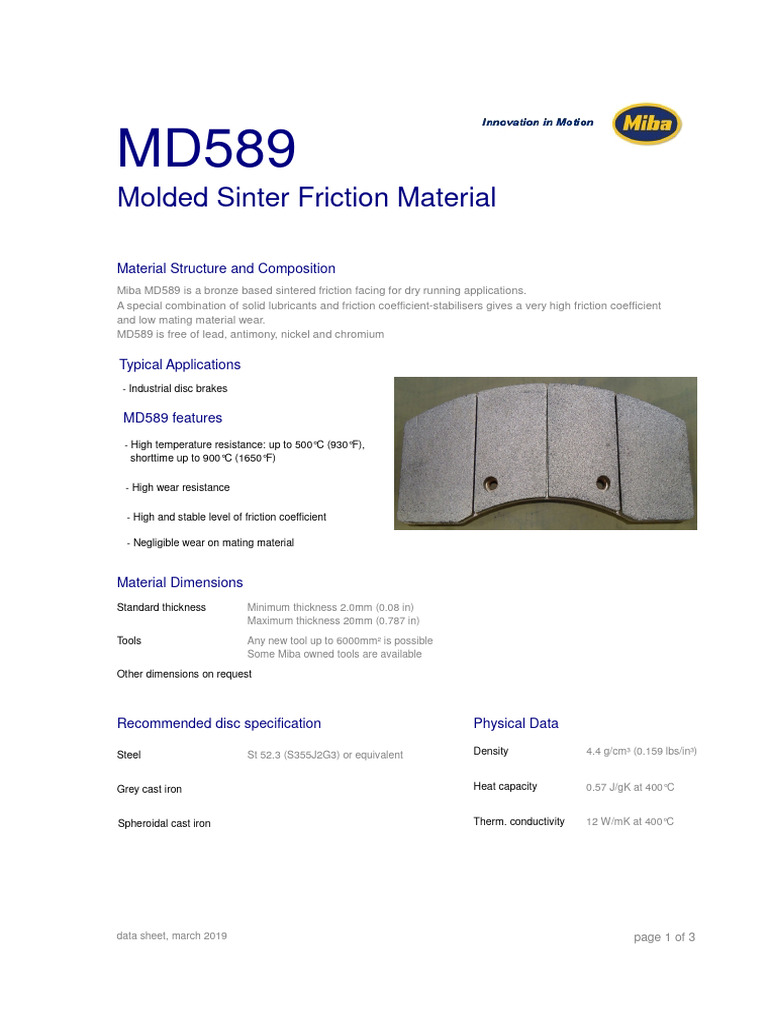 Miba MD589 Friction Material Overview | PDF | Friction | Materials Science