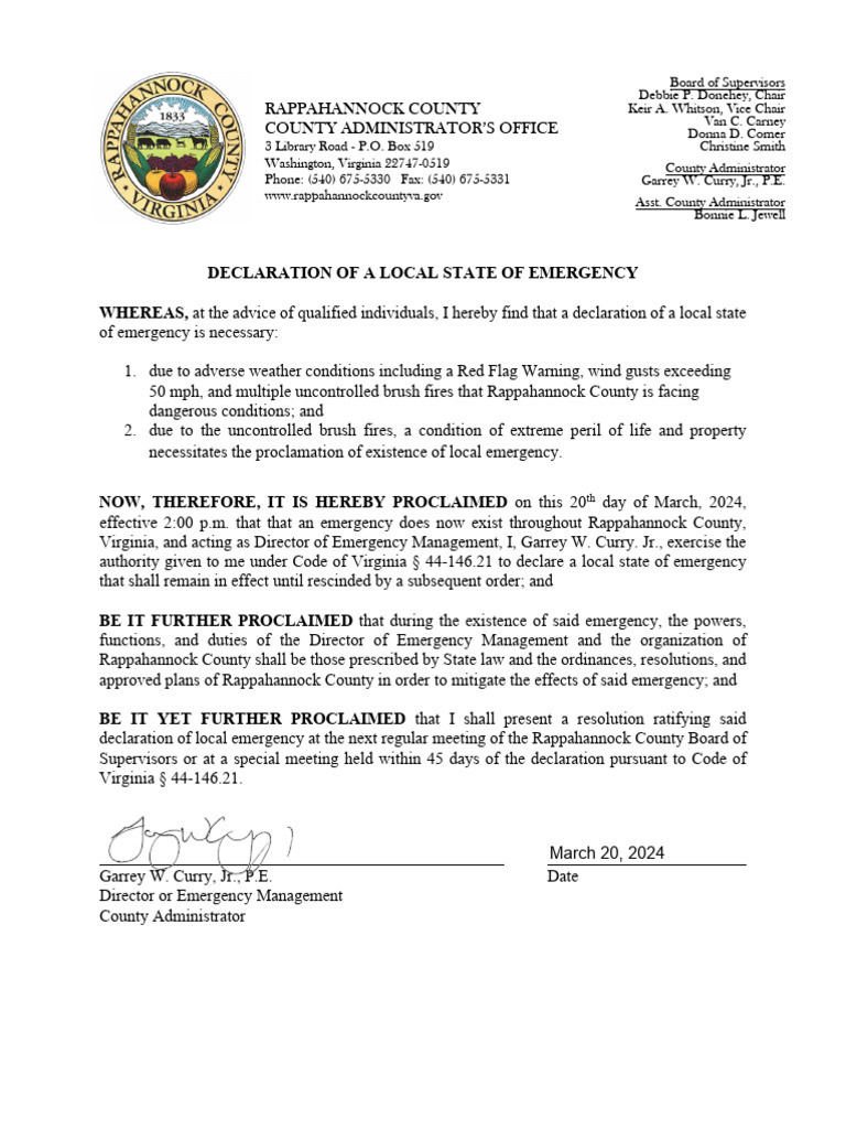 Rapp Declaration of Local Emergency Brush Fires - 032024 | PDF | Public Safety | Civil Defense