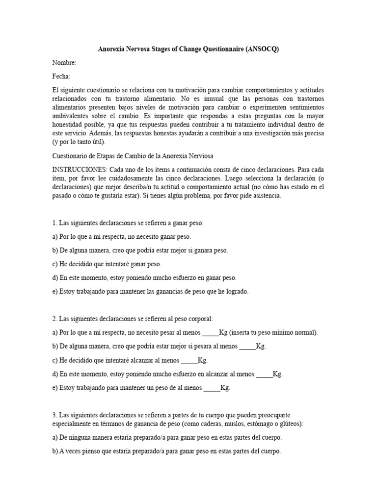 Anorexia Nervosa Stages of Change Questionnaire (ANSOCQ) | PDF ...