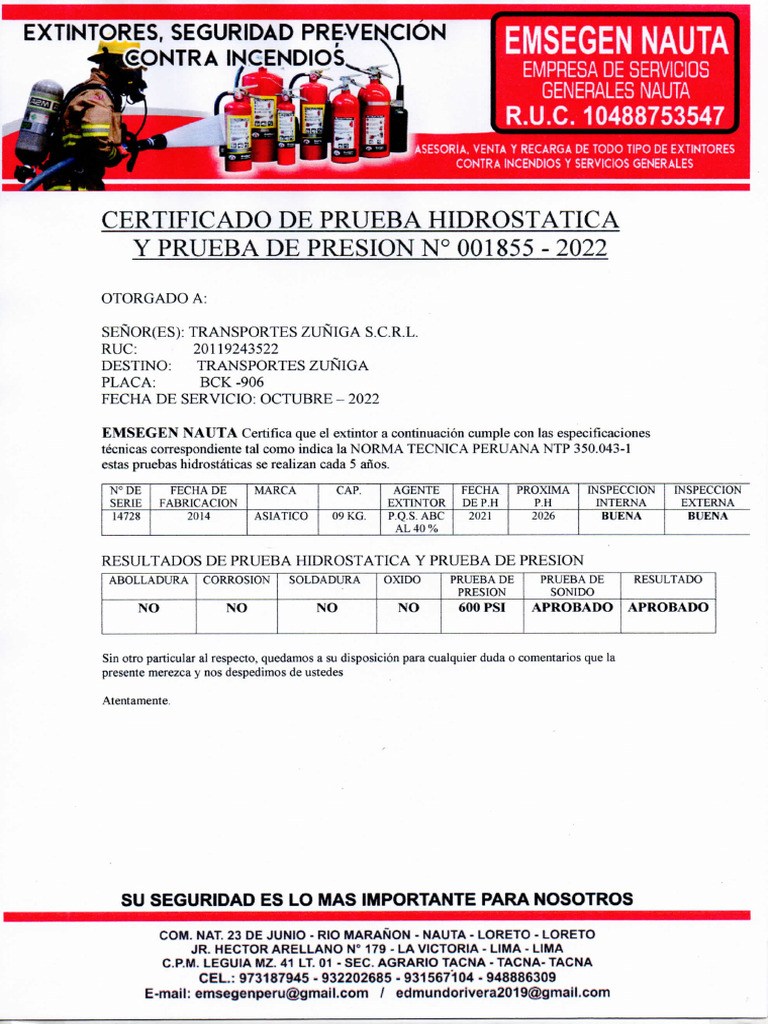 Certificado de Prueba Hidrostatica de Extintores | PDF