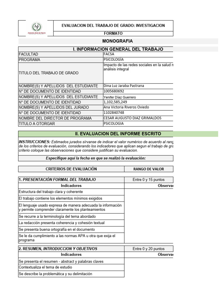 Dina Luz Jaraba Pastrana y Yenifer Díaz Guerrero | PDF | Evaluación
