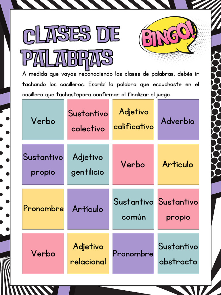 Bingo de Clases de Palabras (Cartones) | PDF | Adjetivo | Sustantivo